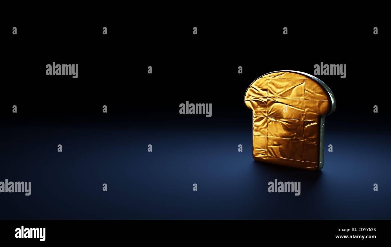 3d rendering symbol of slice of toast bread wrapped in gold thermal ...
