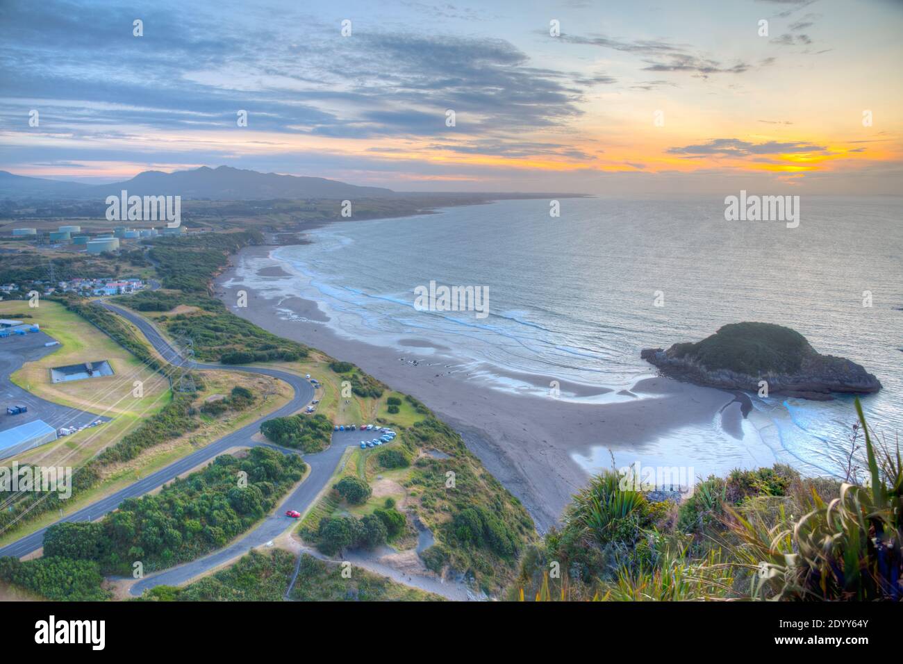 Sunset aerial view of coast of New Zealand from Paritutu rock near New ...