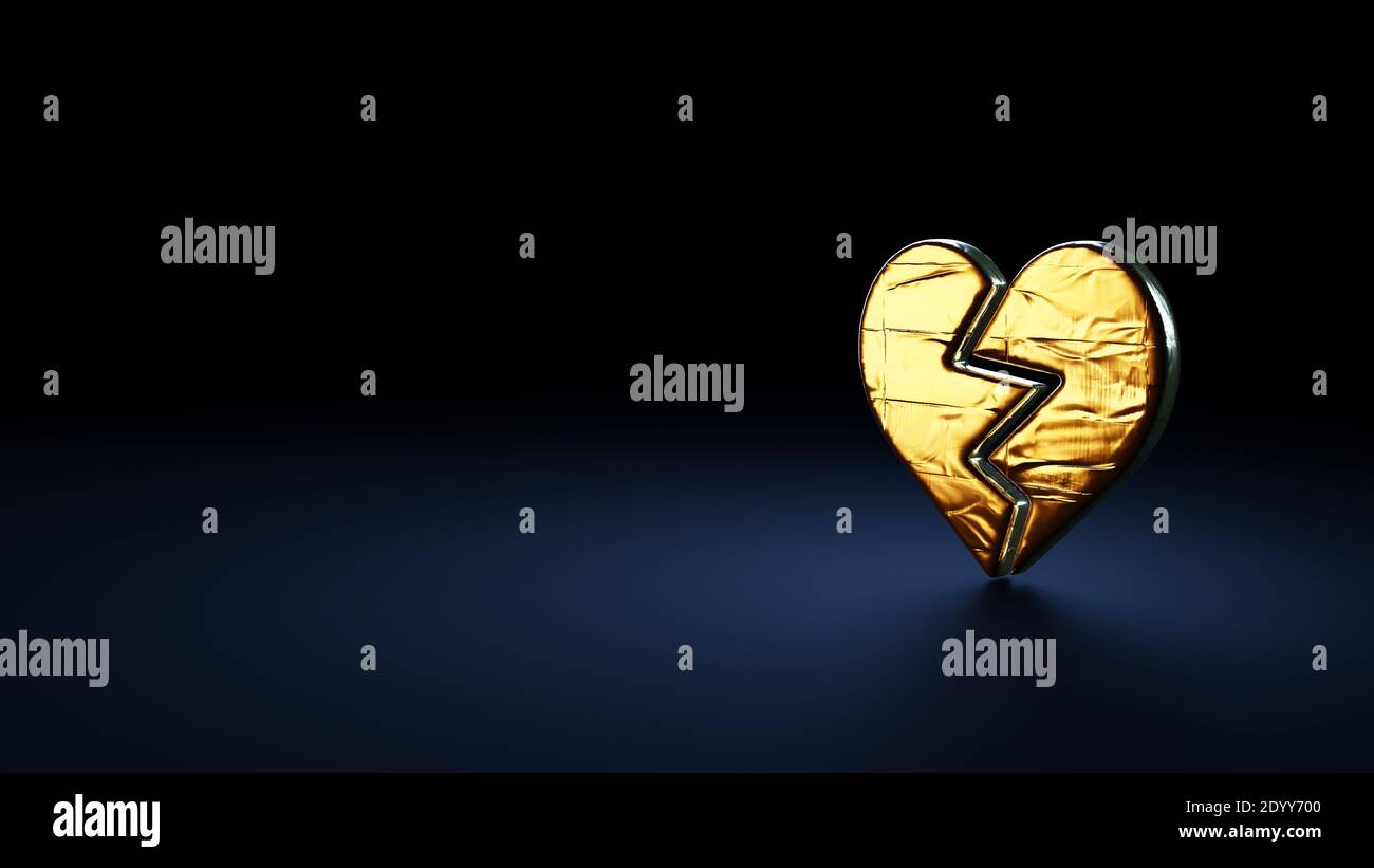 3d rendering symbol of broken heart wrapped in gold thermal foil plate ...