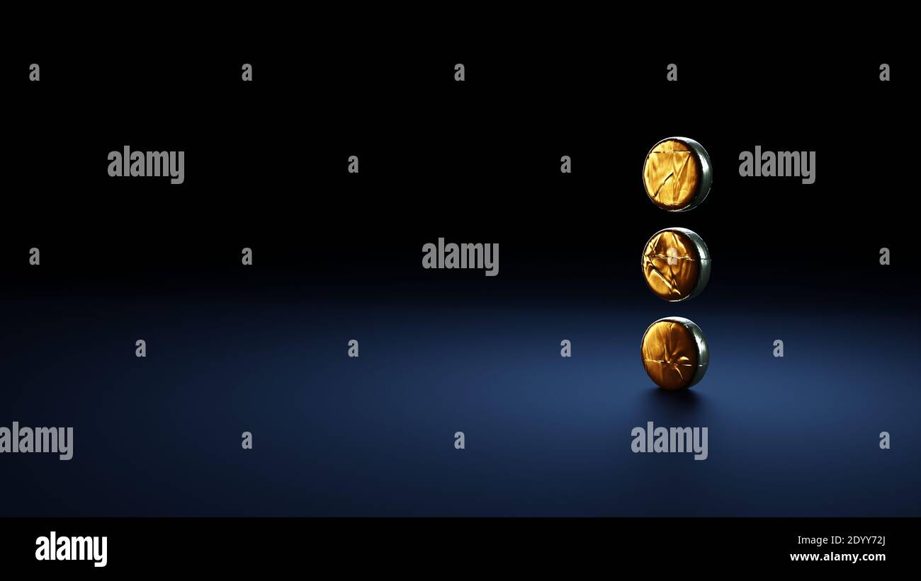 3d rendering symbol of three dots in vertical position wrapped in gold ...