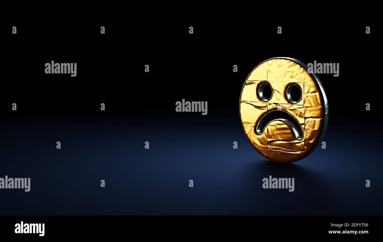 3d rendering symbol of sad emoticon wrapped in gold thermal foil plate ...