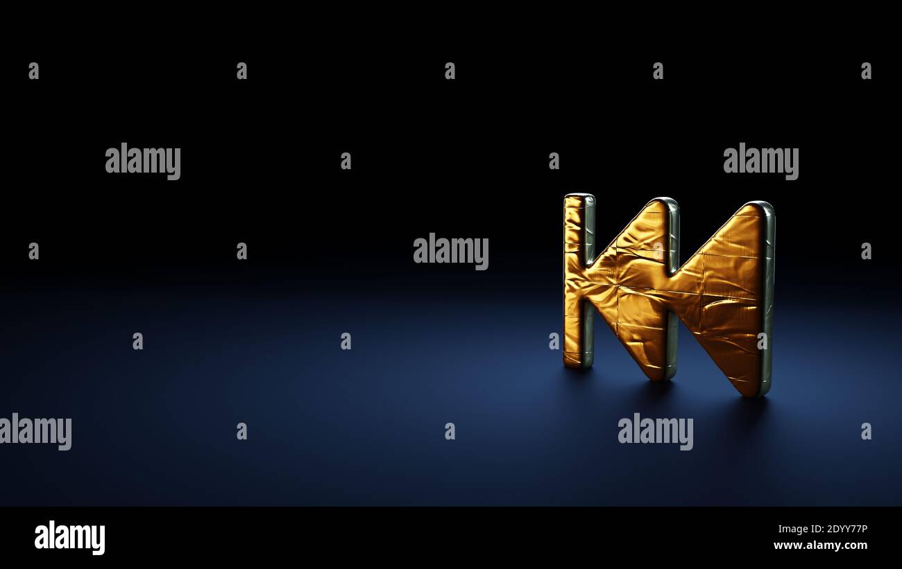 3d Rendering Symbol Of Fast Backward Symbol Wrapped In Gold Thermal Foil Plate On Dark Blue