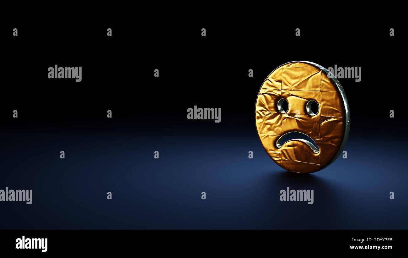 3d rendering symbol of frown emoticon wrapped in gold thermal foil ...