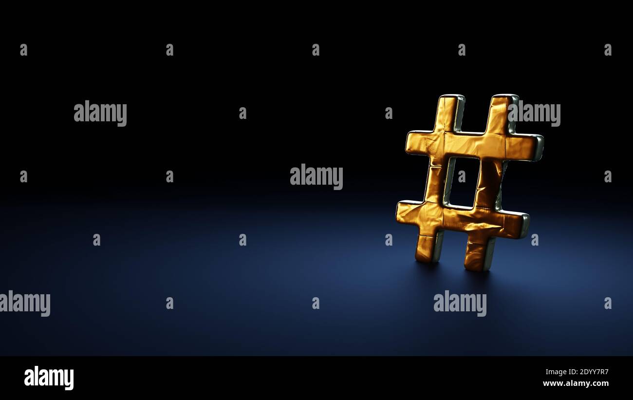 3d rendering symbol of hashtag symbol wrapped in gold thermal foil ...
