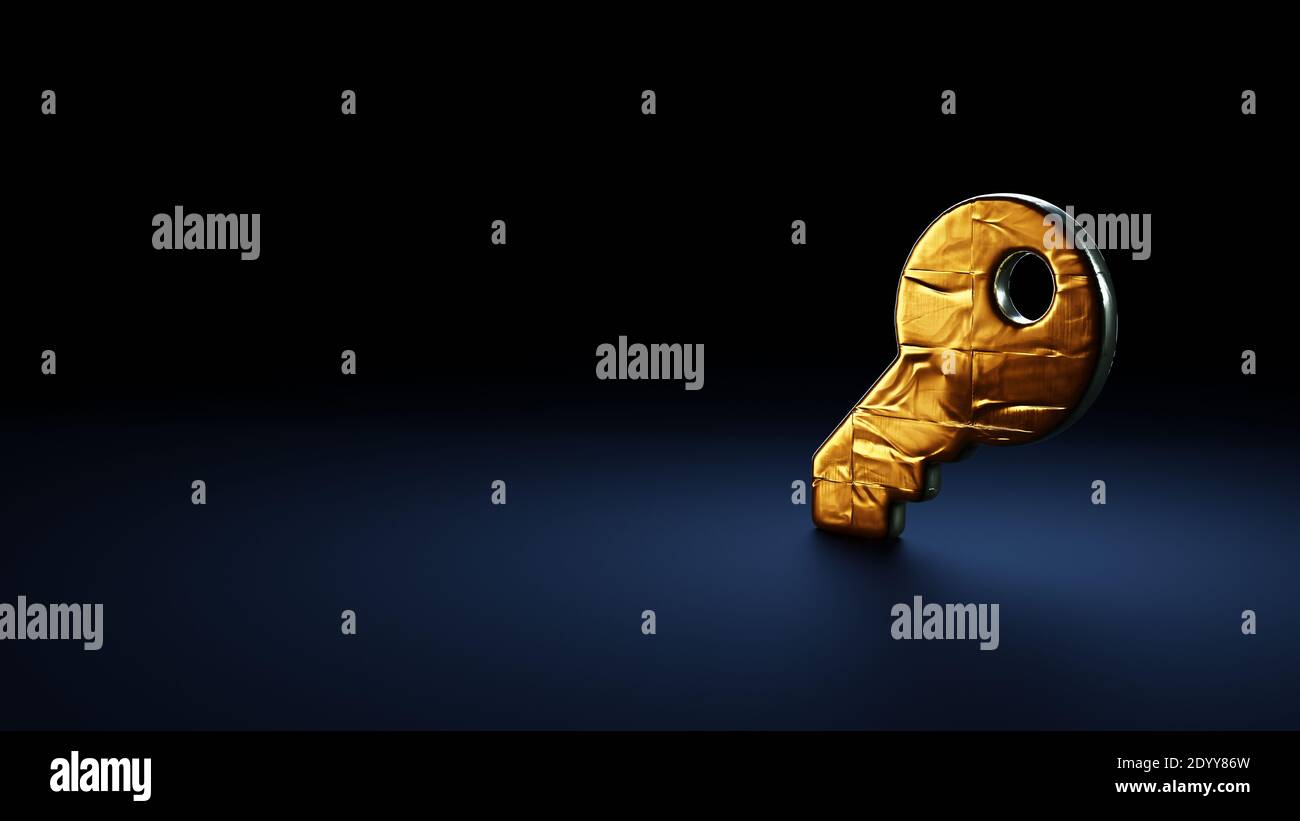 3d rendering symbol of key wrapped in gold thermal foil plate on dark ...