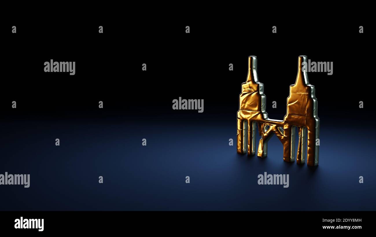 3d rendering symbol of Petronas twin tower wrapped in gold thermal foil plate on dark blue ...