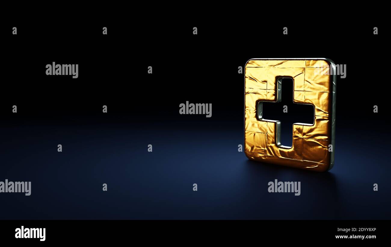 3d rendering symbol of bold plus in square wrapped in gold thermal foil ...