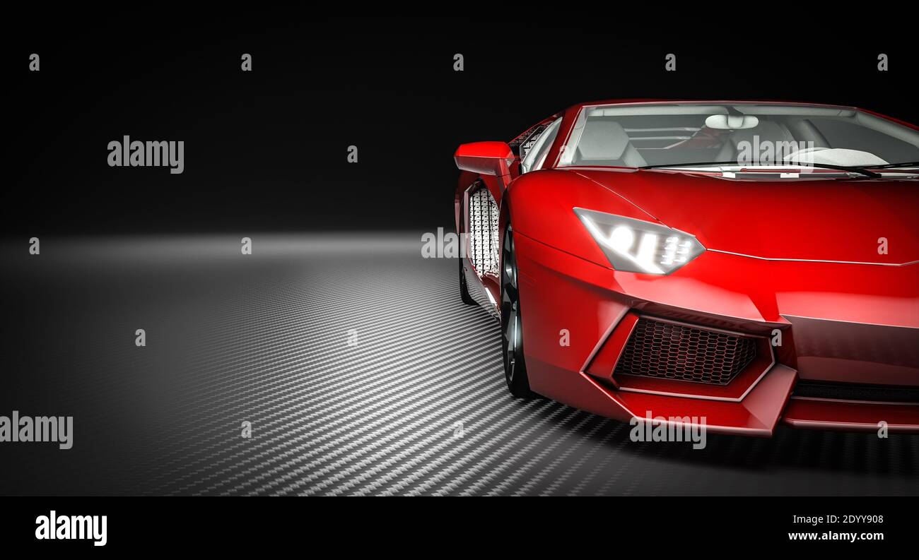 detail of a red supercar on a carbon fiber background. 3d render Stock ...