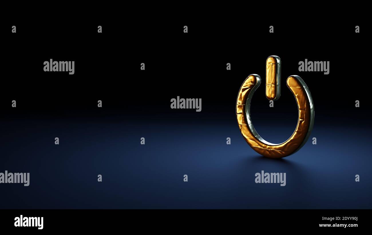 3d rendering symbol of power button sign wrapped in gold thermal foil ...