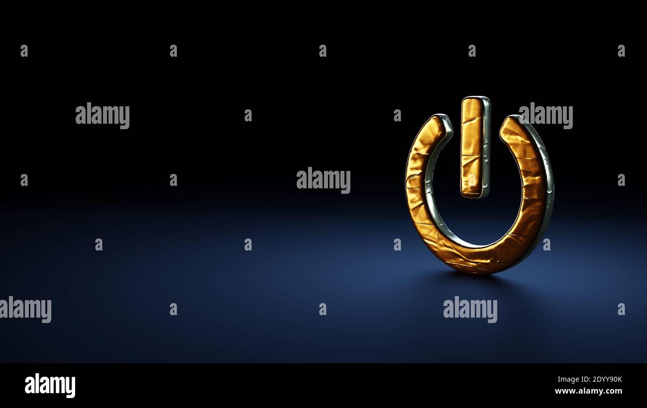 3d rendering symbol of power button sign wrapped in gold thermal foil ...