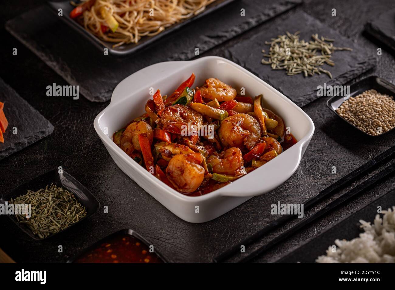 Chinese shrimp with mixed vegetables in a brown garlic sauce Stock ...