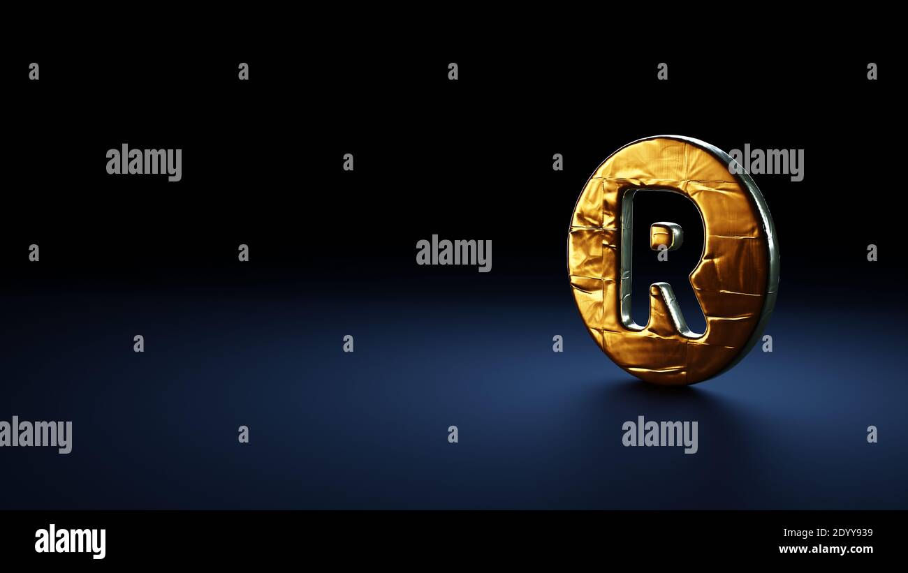3d rendering symbol of letter r in circle wrapped in gold thermal foil ...