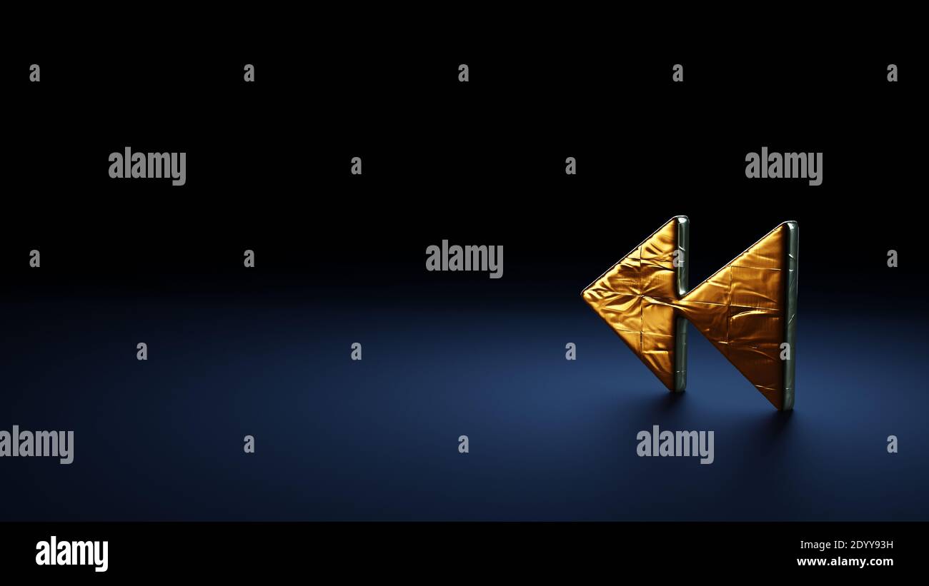 3d rendering symbol of rewind sign wrapped in gold thermal foil plate ...
