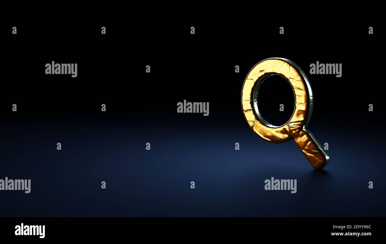 3d rendering symbol of magnifying glass wrapped in gold thermal foil ...