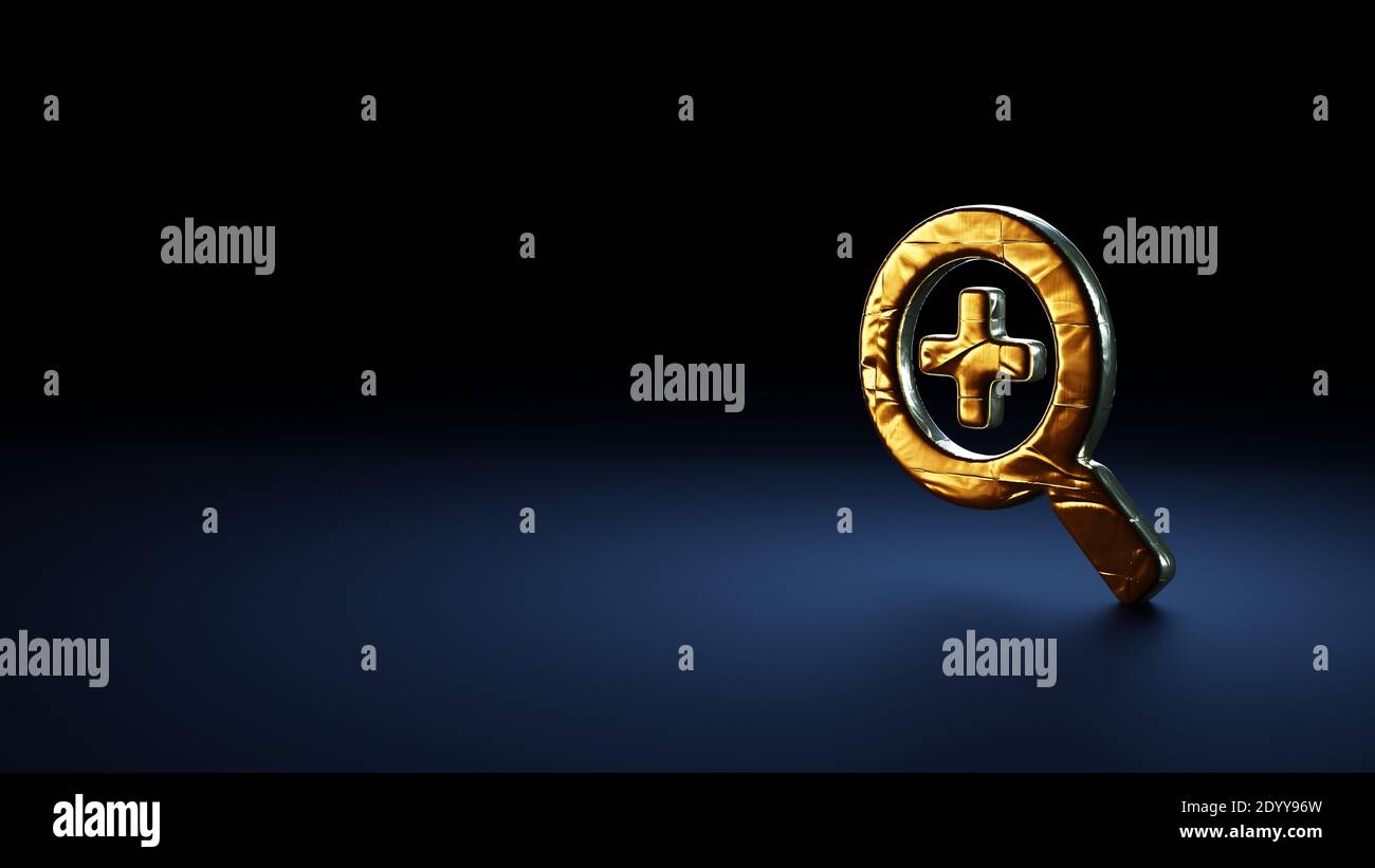 3d rendering symbol of magnifying glass with plus wrapped in gold ...