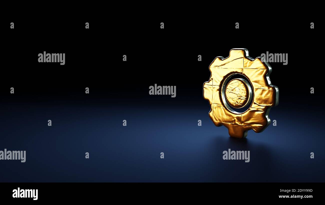 3d rendering symbol of cogwheel wrapped in gold thermal foil plate on ...