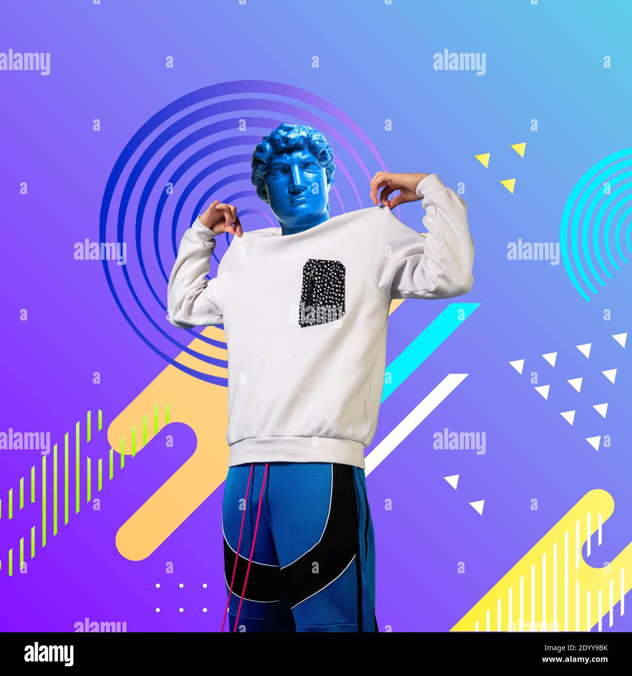 Look at me. Stylish man headed by bright statue on fluid neon ...