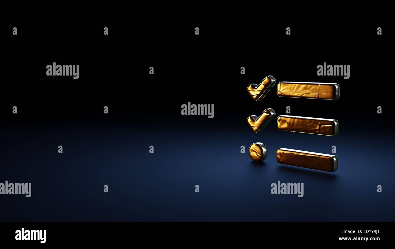 3d rendering symbol of three lines and check marks wrapped in gold ...
