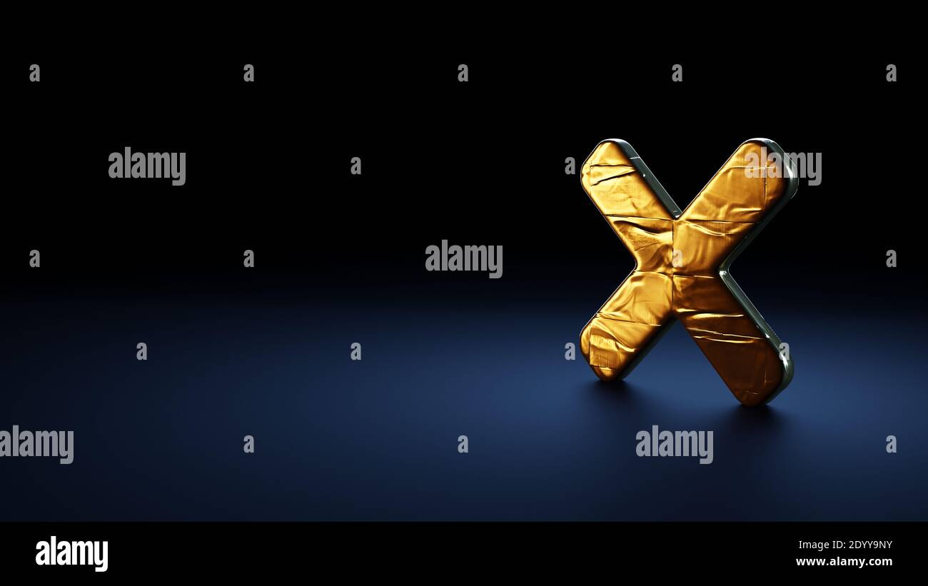 3d rendering symbol of times sign wrapped in gold thermal foil plate on ...