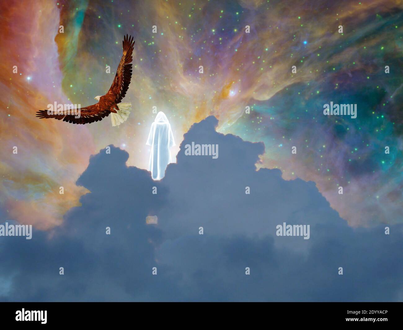 Figure in white cloak in universe. 3D rendering Stock Photo - Alamy