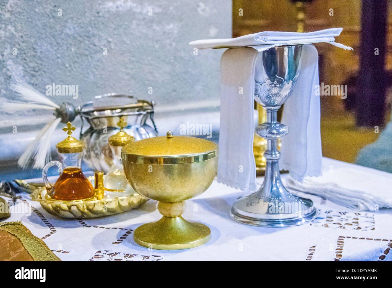 chalice for wine, blood of christ, and ciborium with host, body of ...