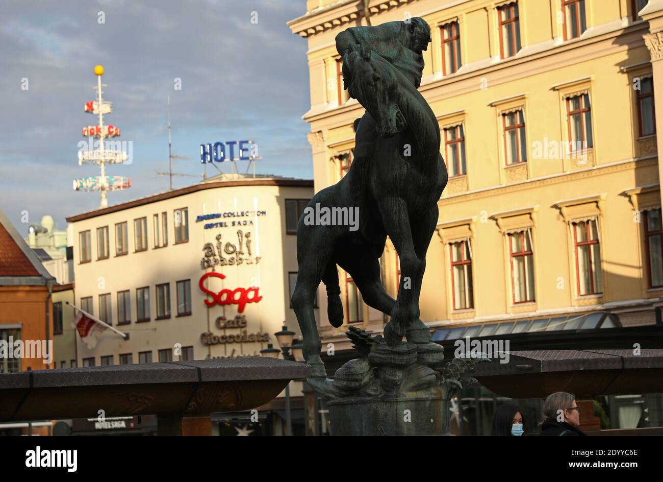 LINKÖPING, SWEDEN- 21 DECEMBER 2020:Folkefilbyter statue on Stora ...