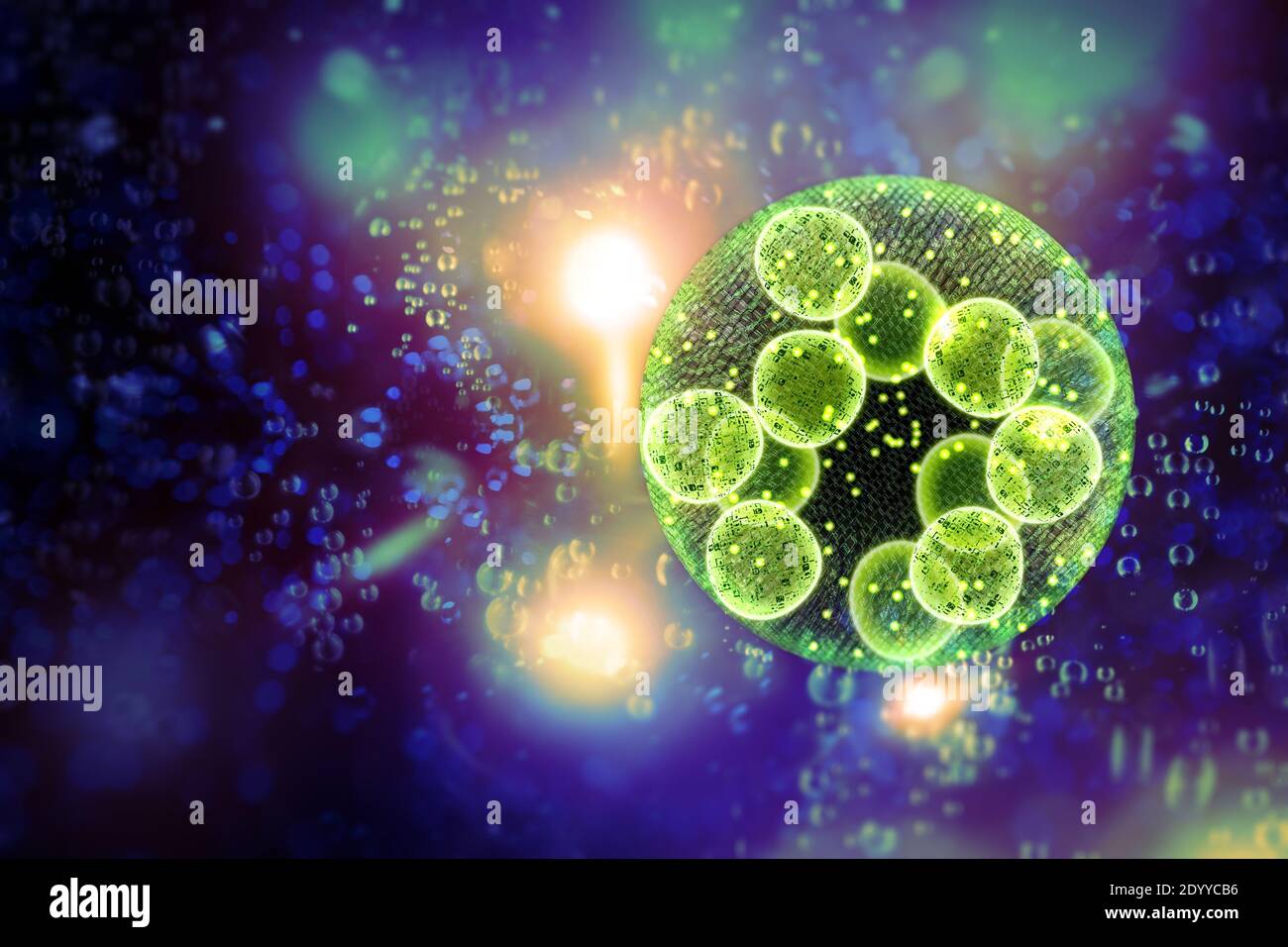 Green single cell chlorella algae microscopic conceptual 3D ...