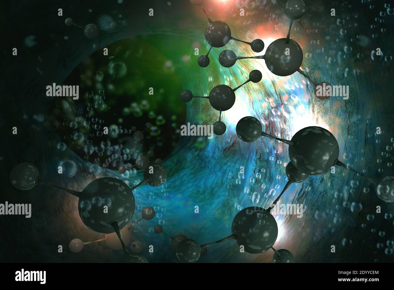 Close up of colorful atomic particle background science 3D illustration ...