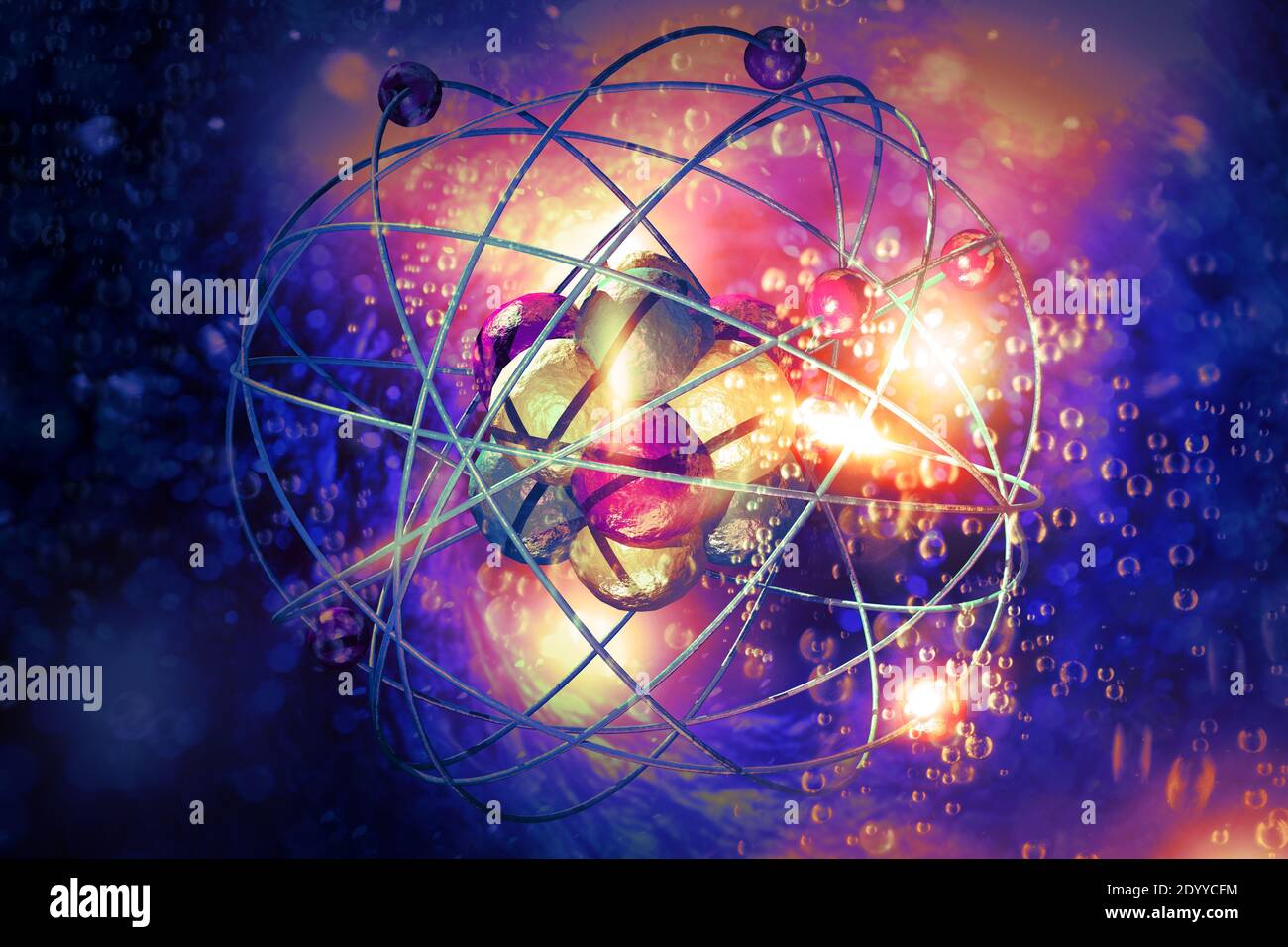 Close up of colorful atomic particle background science 3D illustration ...