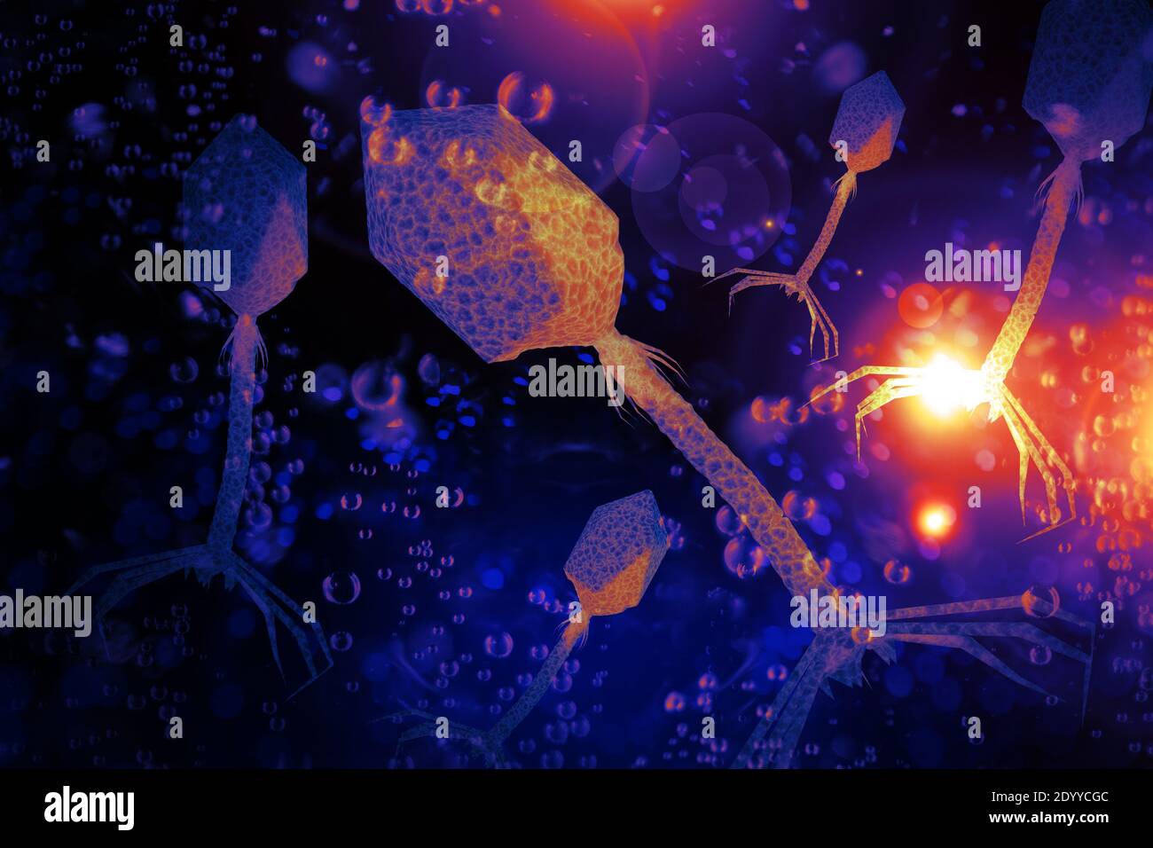 Closeup bacteriophage virus attacking bacteria cells 3D illustration ...
