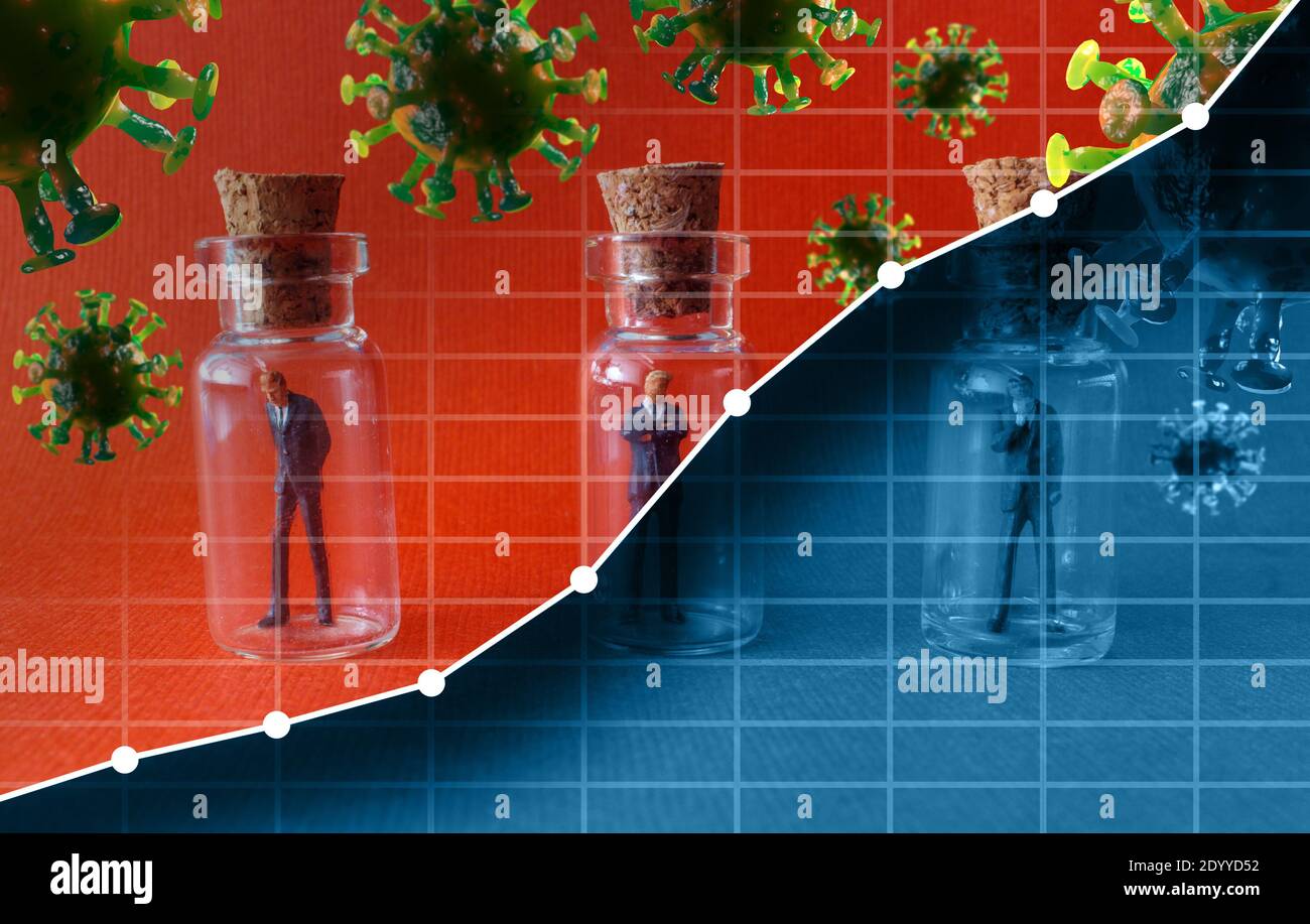Miniature businessmen practicing social distancing by quarantining in ...