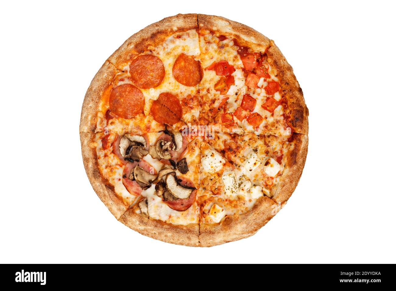 Mixed meat and vegetable pizza isolated on white. Top view Stock Photo ...