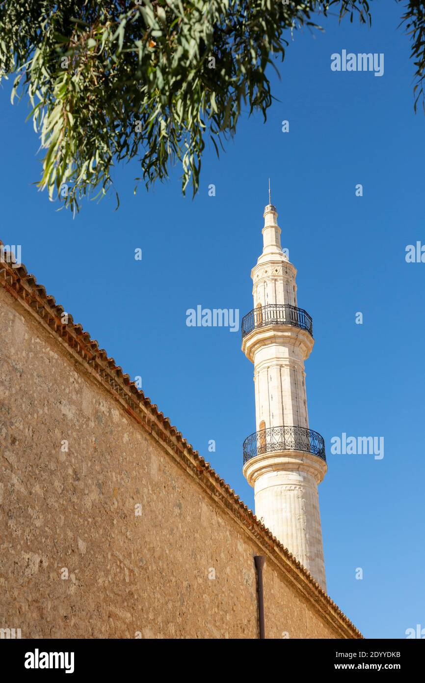 Street view of the minaret of Neratze Mosque, Rethymno, Crete, Greece ...