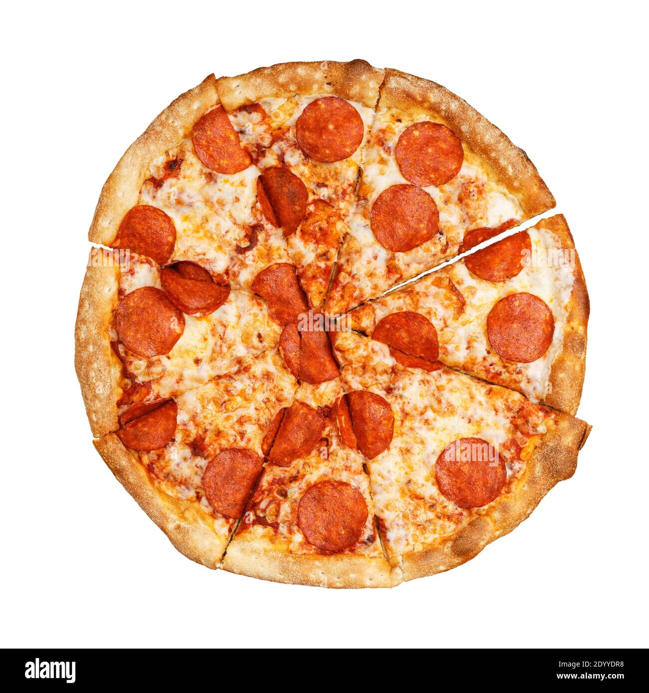 Closeup pizza with pepperoni. Top view. Isolated on white Stock Photo ...