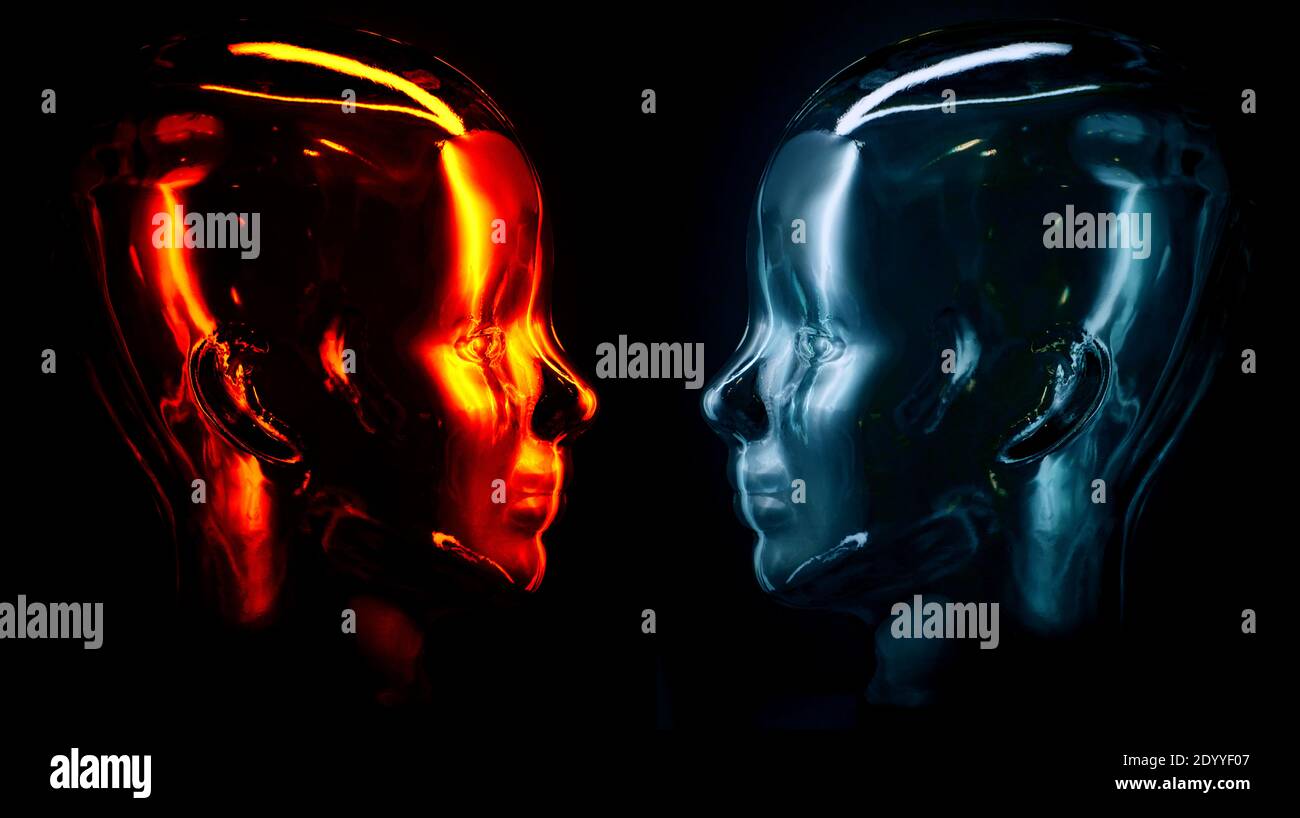 Opposites hot verus cold autonomous android face Stock Photo - Alamy