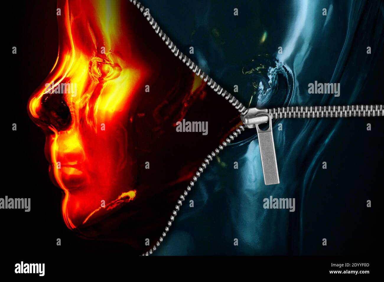 Opposites hot verus cold autonomous android face with zipper reveal ...