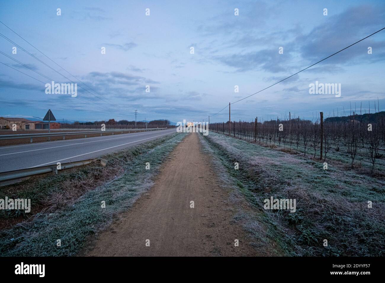 Gravel road way straight on a cold winter landscape on a dusk sunrise ...