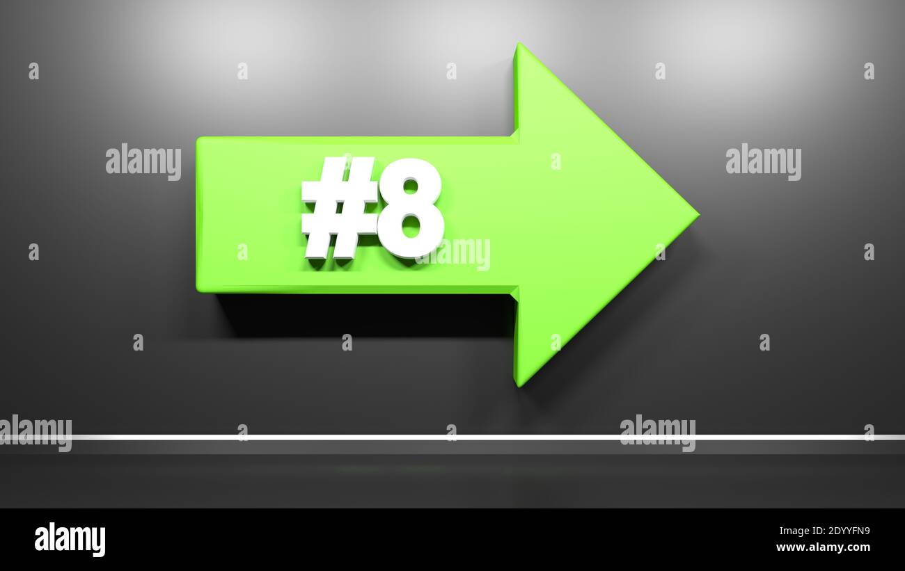 Number Eight green arrow at black background - 3D rendering ...