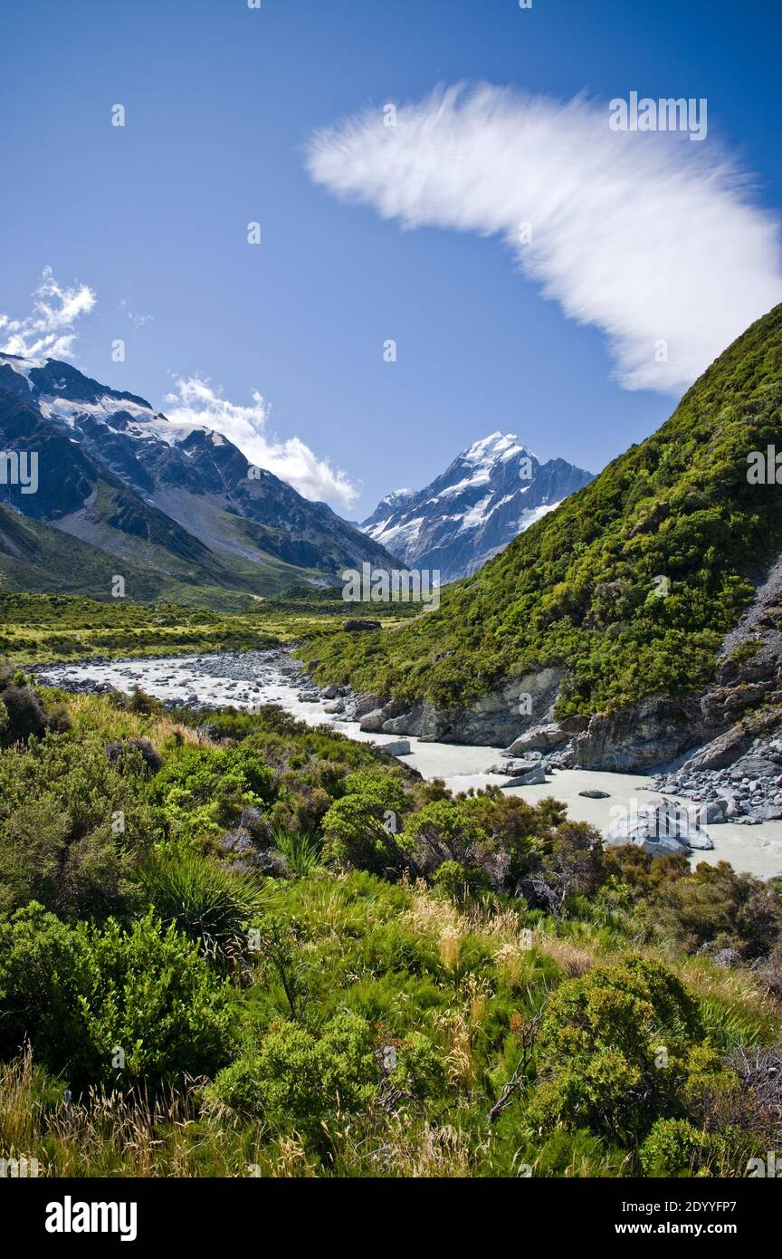 A landscape view of the glacial river leading along the Hooker valley ...
