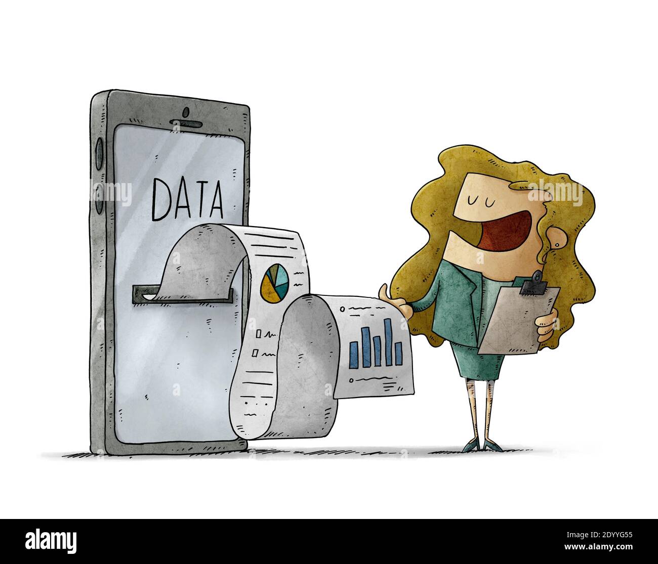 illustration of woman is extracting data from a huge mobile from which ...