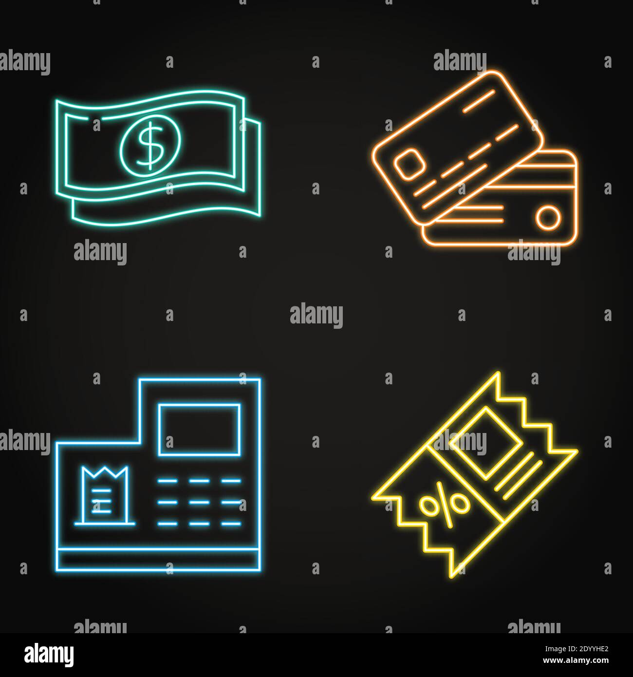 Payment neon icon set in line style. Dollar banknote, discount coupon ...