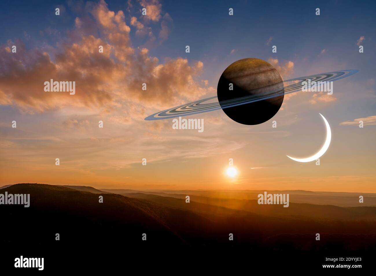 Saturn planet with rings and crescent moon alien planet 3D illustration ...