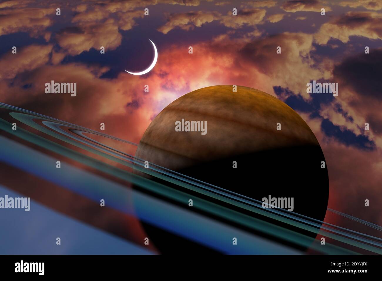 Saturn planet with rings and crescent moon alien planet 3D illustration ...