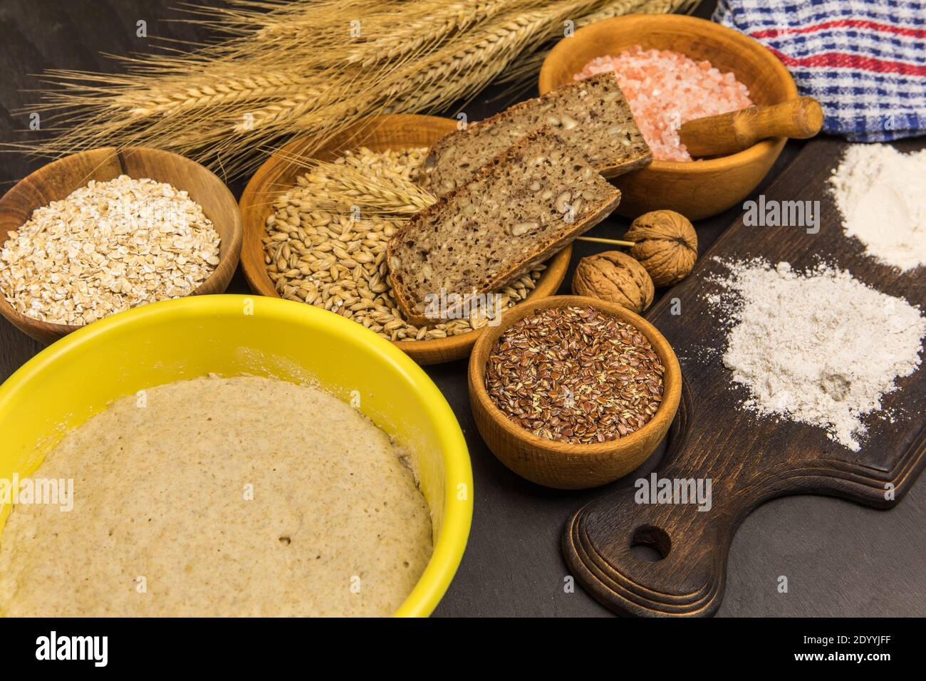 Homemade wholemeal bread. Healthy pastry. Raw materials for bread ...