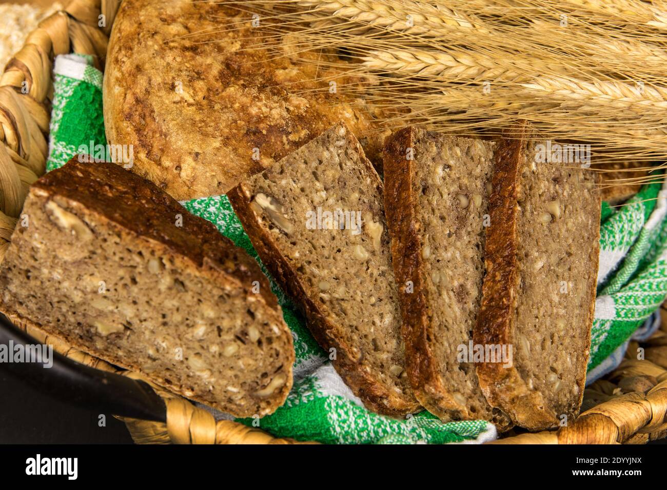 Homemade wholemeal bread. Healthy pastry. Raw materials for bread ...