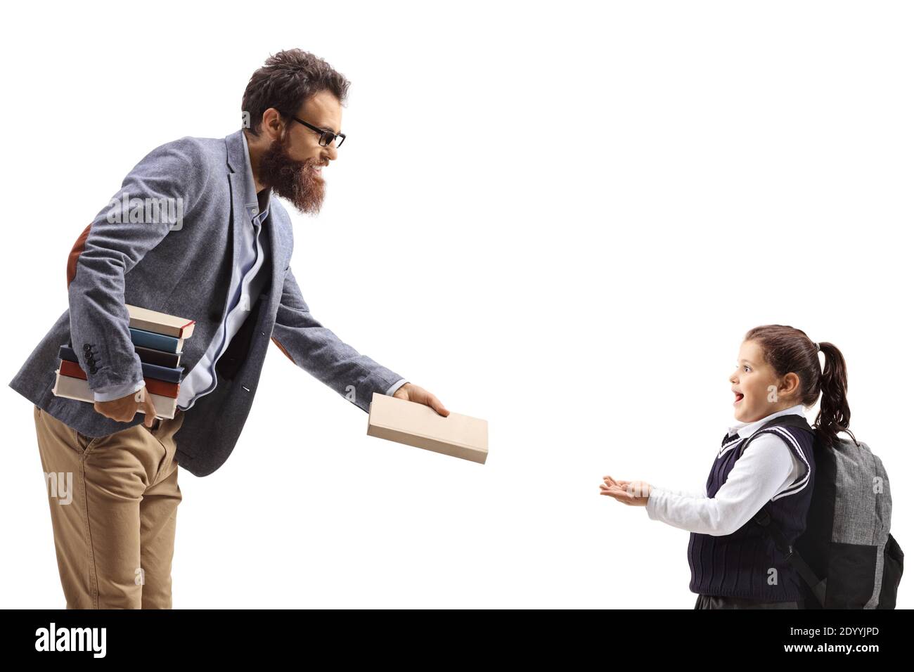 Bearded man giving a book to a happy little schoolgirl isolated on ...