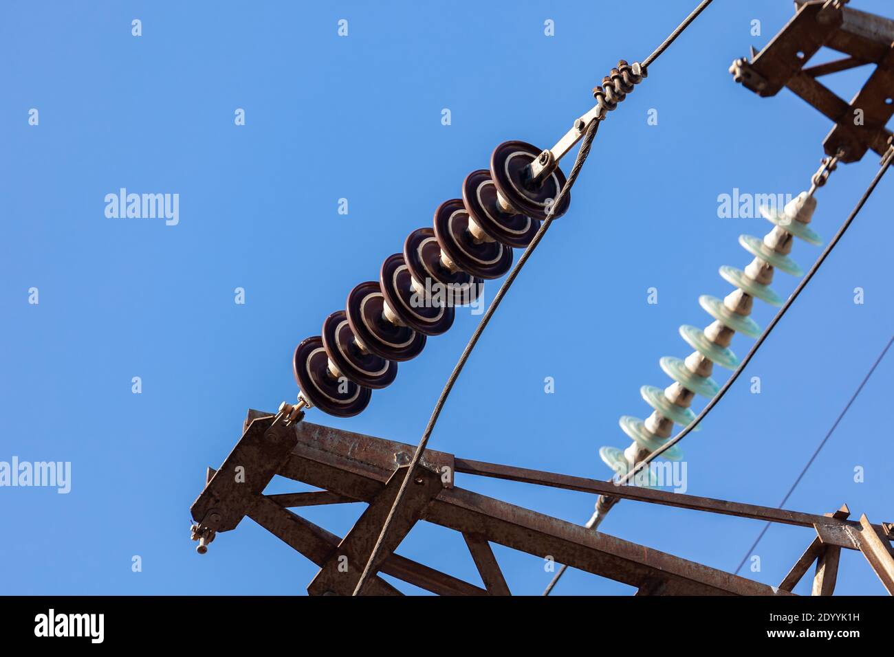 Power lines on metal poles with powerful power wires, industry Stock ...