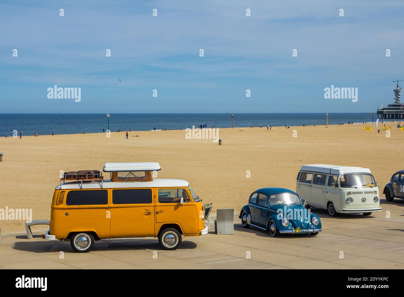 Scheveningen beach, the Netherlands - May 21, 2017: orange VW combi ...