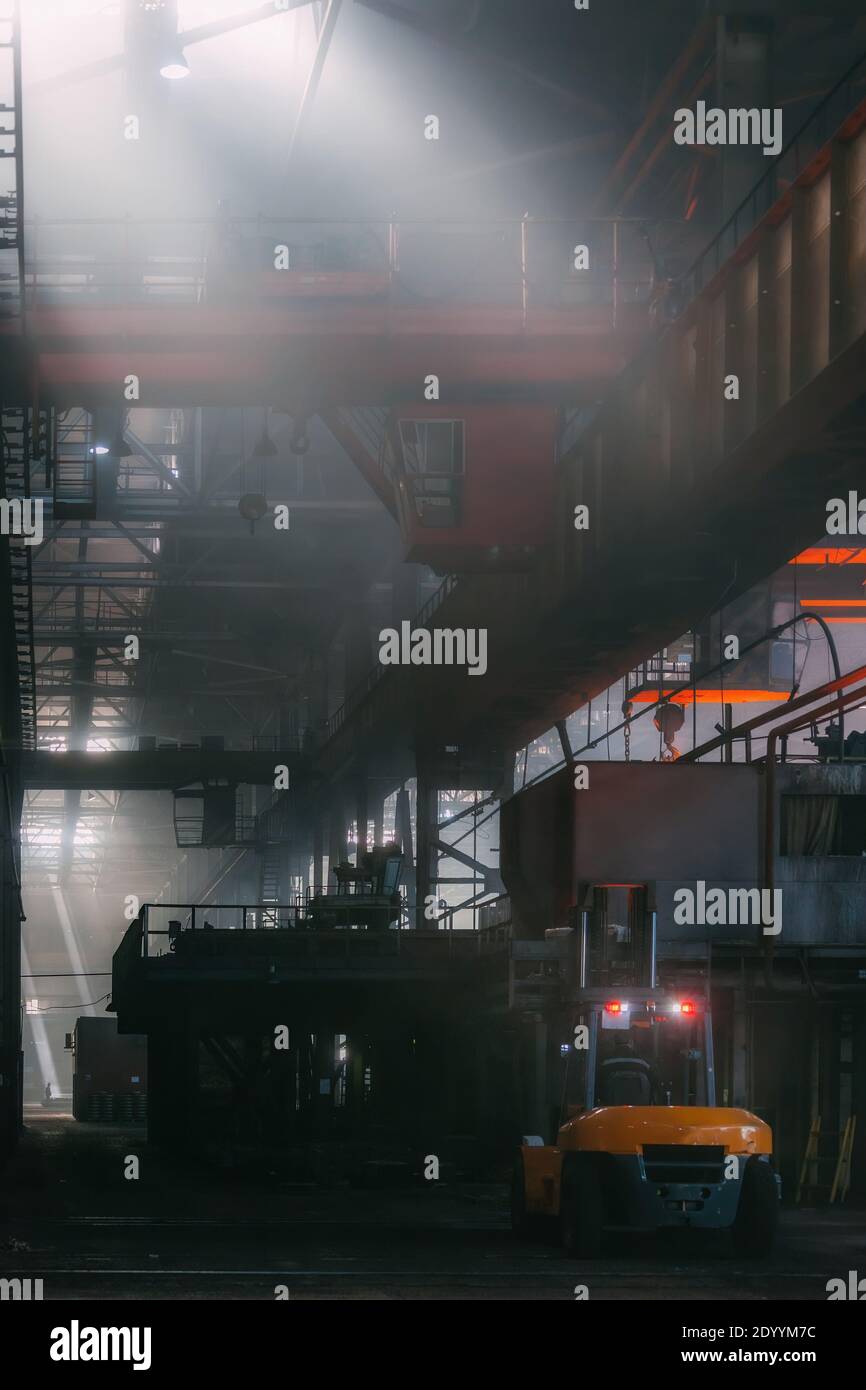 Metallurgical factory interior. Industrial manufacturing. Steel ...