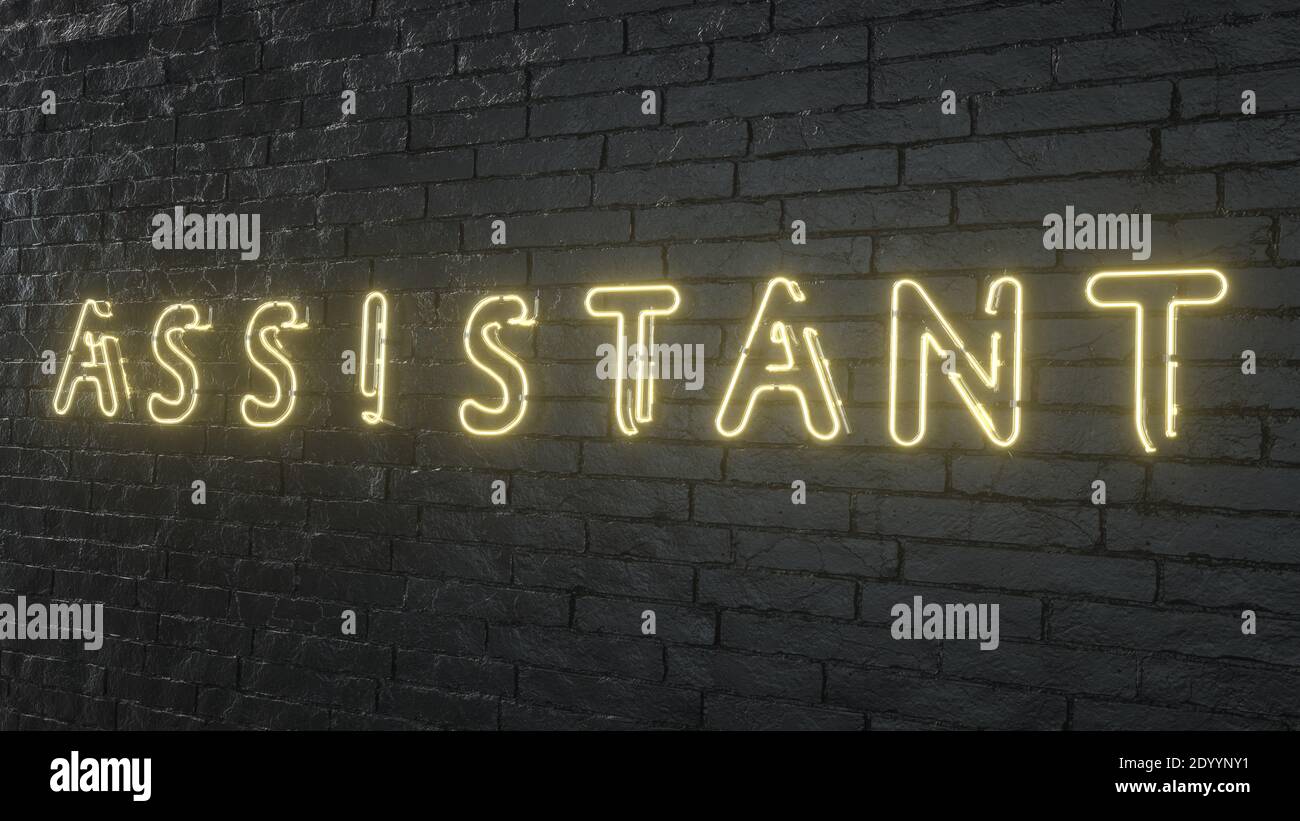 ASSISTANT -Realistic Neon Sign on Brick Wall background - 3D ...